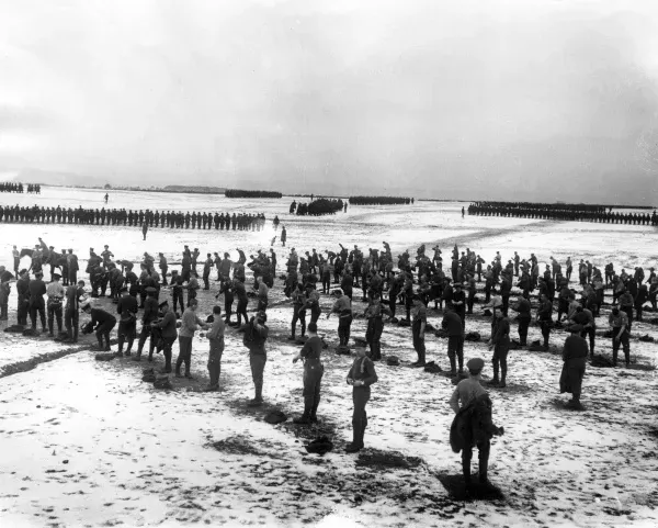 British troops on a training ground in winter, WW1