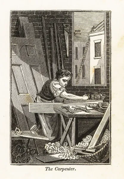 The carpenter planing a plank of wood in a workshop