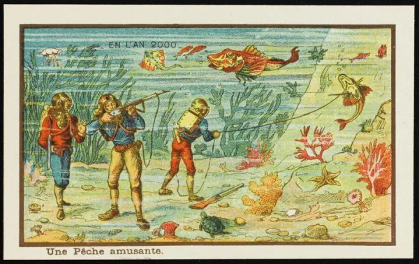 Futuristic seabed fishing -- the fishermen are all wearing