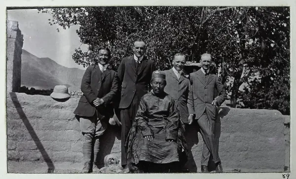 Group photo, Tashi Lama with four men in western clothes