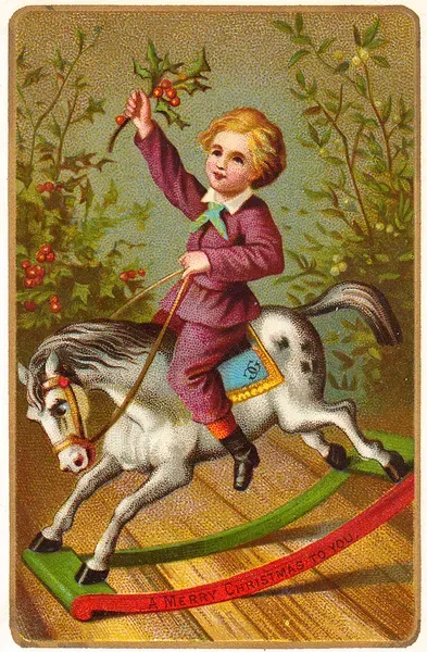 Little boy on a rocking horse on a Christmas card Our beautiful Wall ...