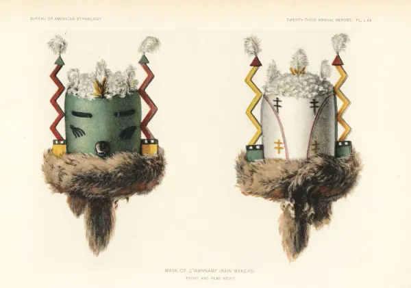 Zuni Kachina Masks Mask Of Koyemshi, Mask Of Komokattsi: Front And