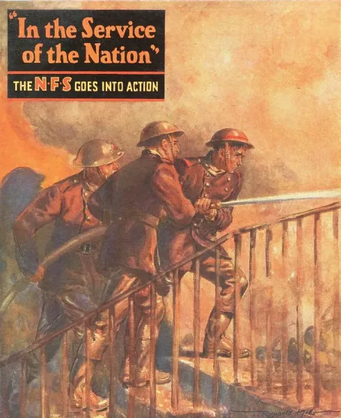 WWII National Fire Service Firemen Firefighting drawn by