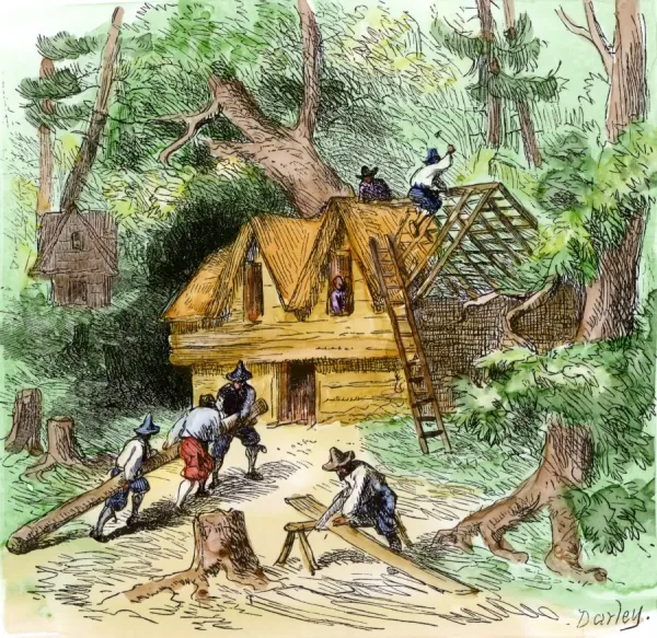 Pilgrims Building Houses Clipart Image