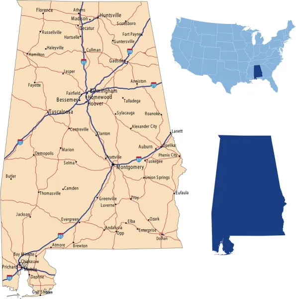 Map Of Alabama Showing Cities State Of Alabama With Major Urban Areas,
