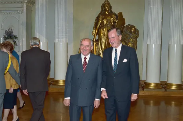 George Bush and Mikhail Gorbachev Walking Together