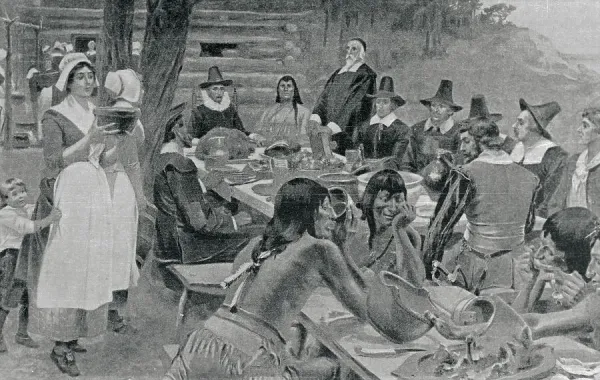 Pilgrims And Indians First Thanksgiving Black And White Thanksgiving