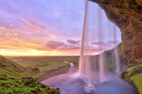 Pink Sunset And Waterfalls