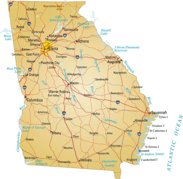 A yellow map of the state of Georgia with cities marked