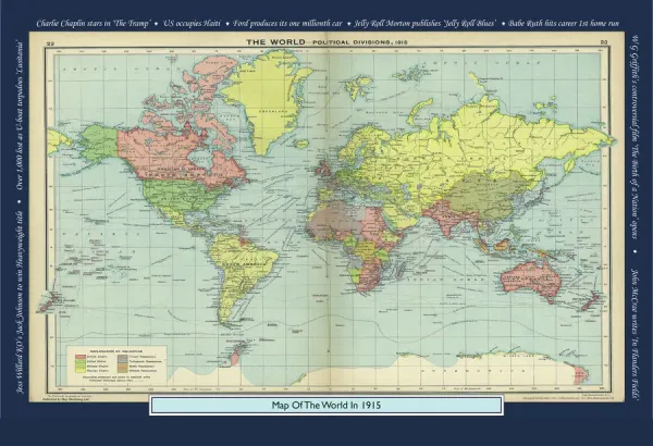 Framed Print of Historical World Events map 1915 US version