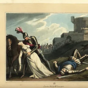 Medieval knight in armour with troops outside a castle in